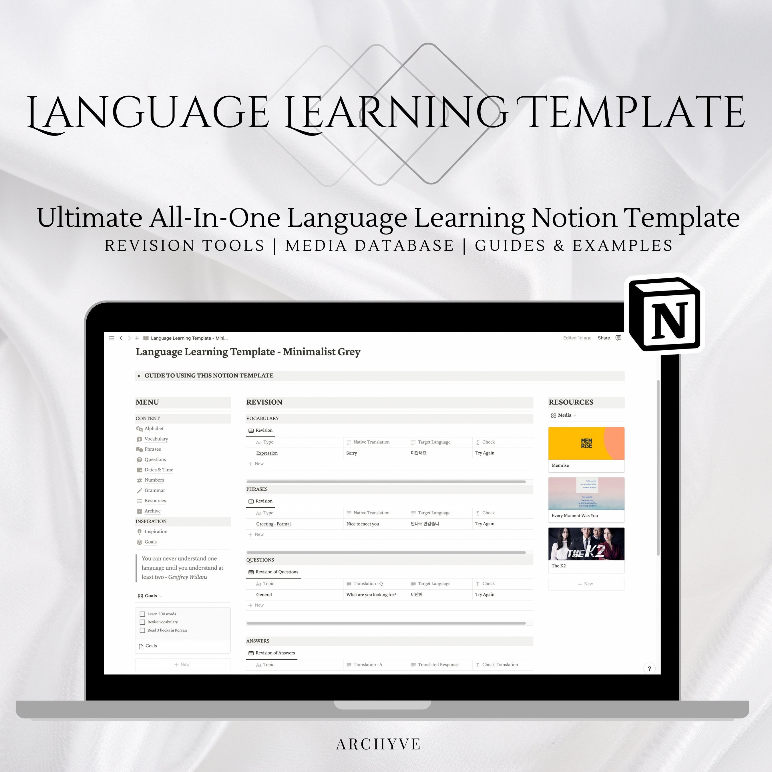 Notion Language Learning Template Learn A New Language With Etsy Canada