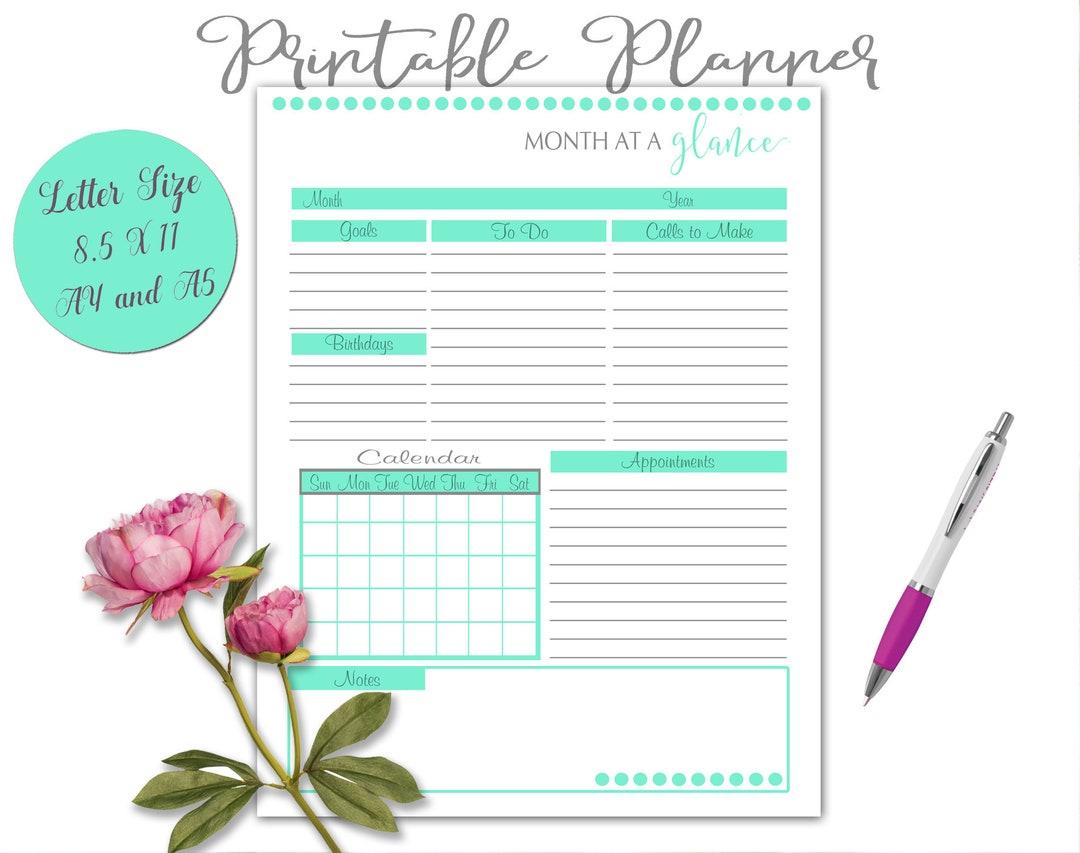 Printable Monthly Planner Letter Size, A4, A5 BLUE - Etsy