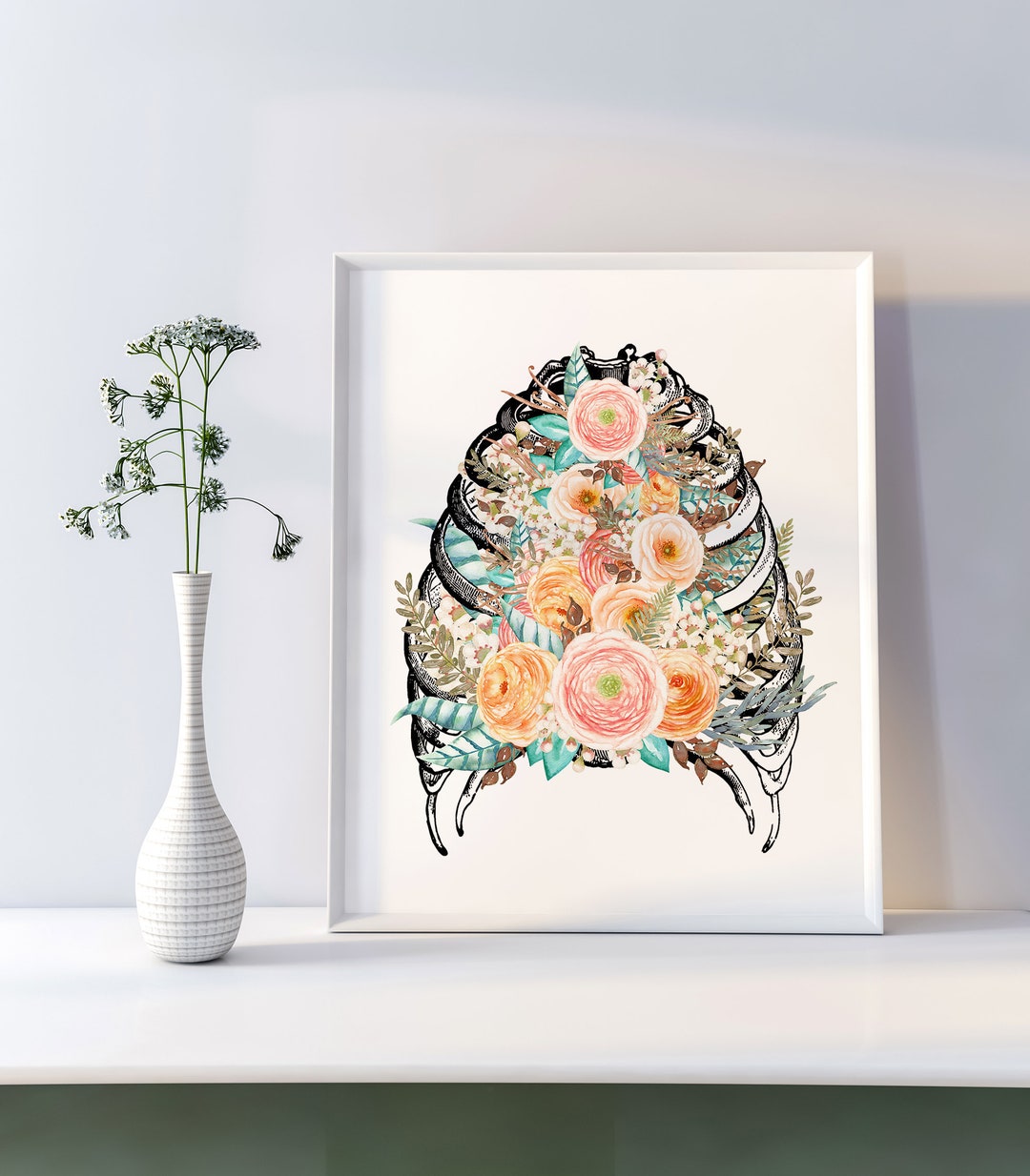 Nursing Student Art Print, Anatomy Rib Cage Poster, Floral Human Thorax ...