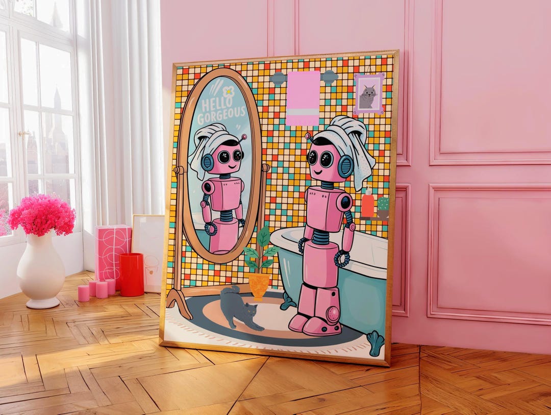 Hello Gorgeous Retro Robot Bathroom Art, Self-love Printable Wall Art ...
