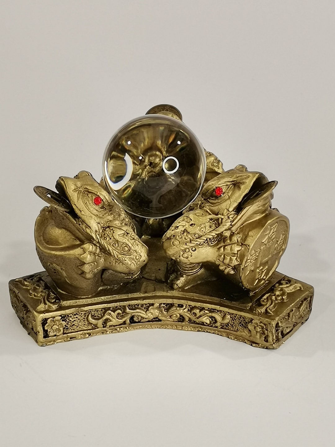 Vintage Frog Trio and Glass Ball Statue, Lucky Three Legged Toad Feng ...