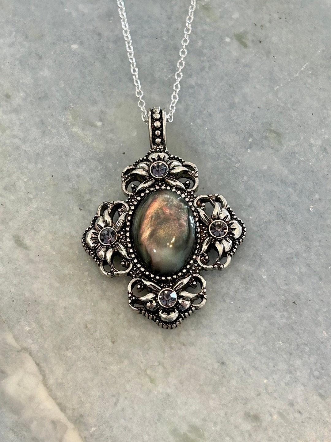 Purple Stone Oval Cross Filagree Necklace - Etsy