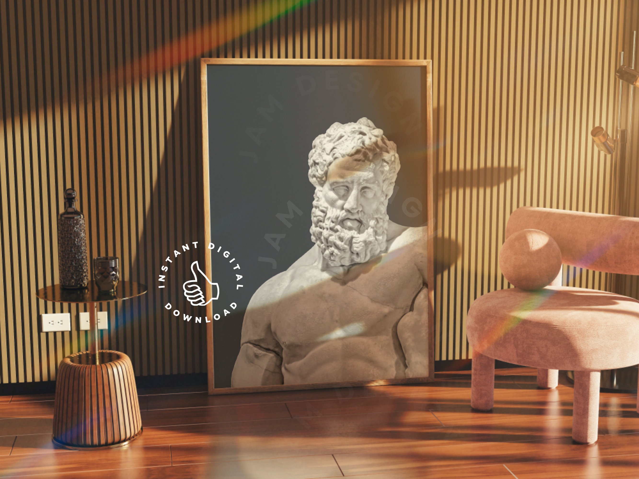 Zeus Statue Print Greek Art Revival – Bold Color Background Statue ...
