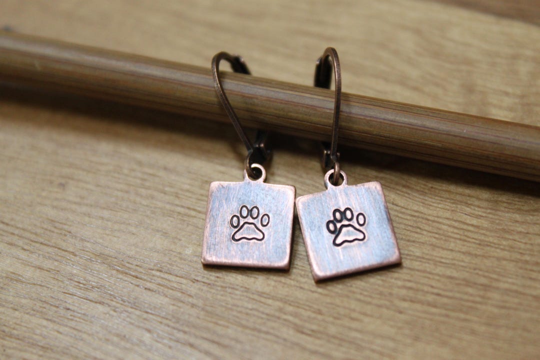 Oxidized Hand Stamped Copper Paw Print Dog Earrings, Small Dangle ...