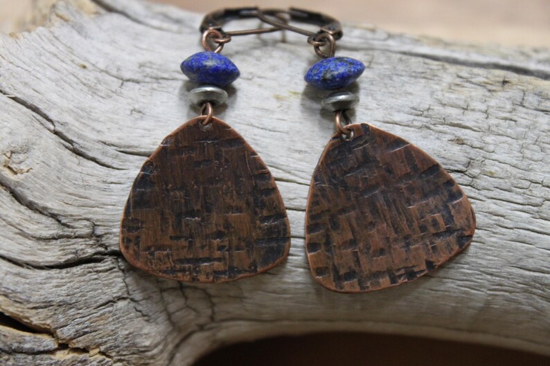 Oxidized Hand Textured Lapis Copper Earrings, Boho Dangle Earrings ...