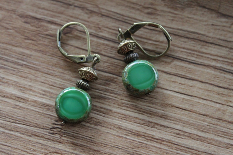 Emerald Green Czech Glass Earrings: Antiqued Brass Dangle Earrings - Etsy