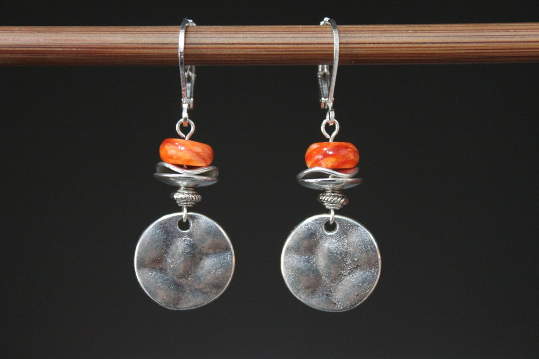 Spiny Oyster Earrings, Orange Silver Earrings, Dangle Earrings, Drop ...