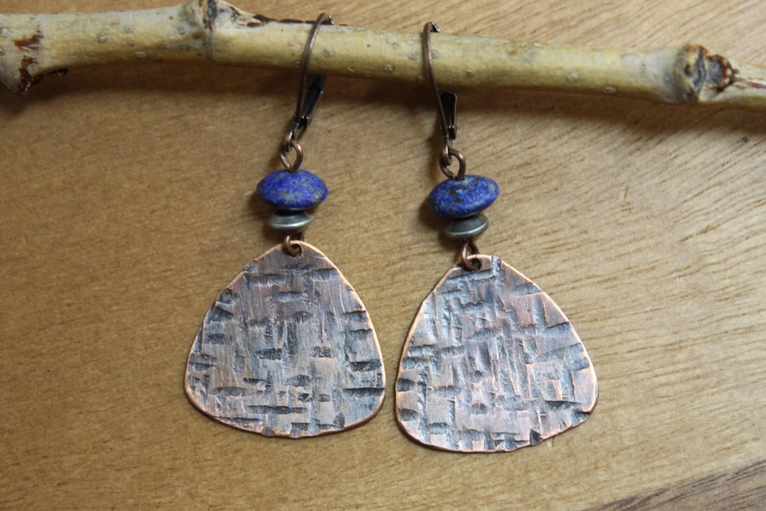 Oxidized Hand Textured Lapis Copper Earrings, Boho Dangle Earrings ...