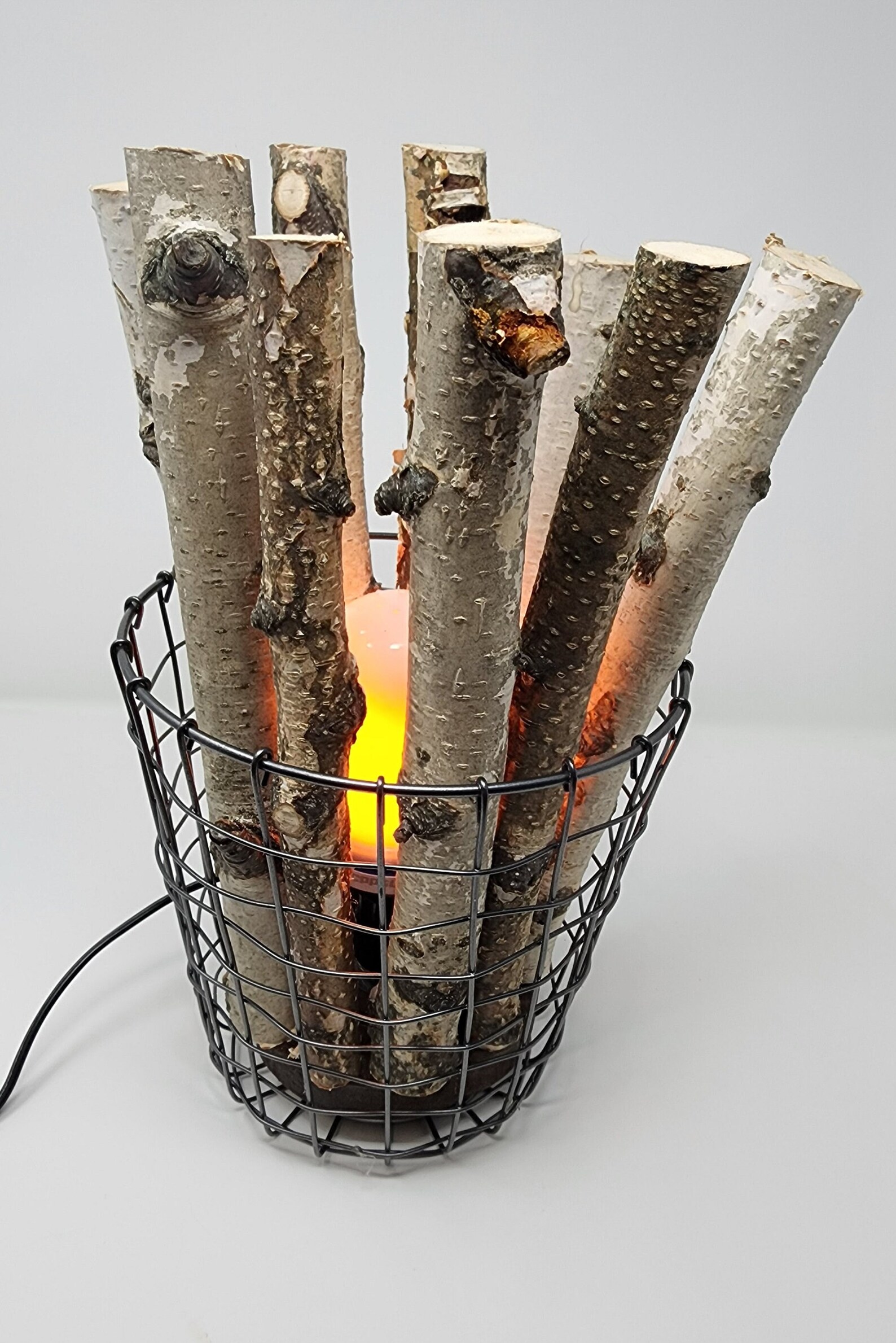 Rustic Log Lamp, Metal Basket Light, Table Accent, Birch Twig, Fire ...