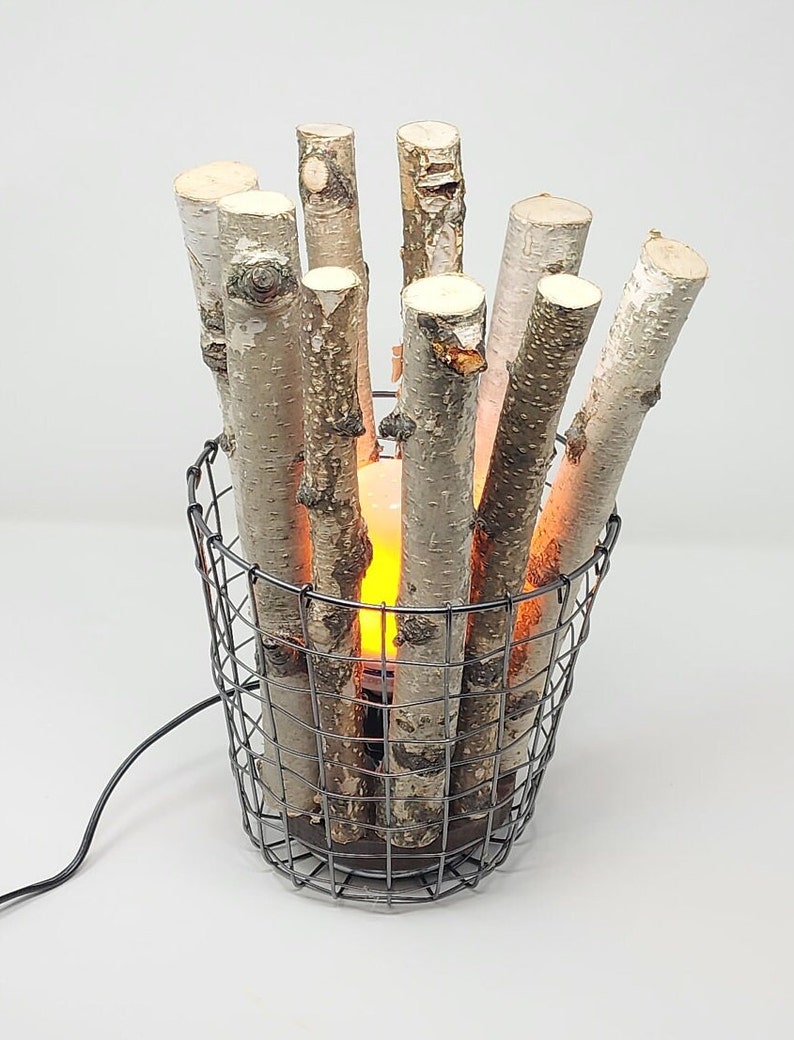 Rustic Log Lamp, Metal Basket Light, Table Accent, Birch Twig, Fire ...