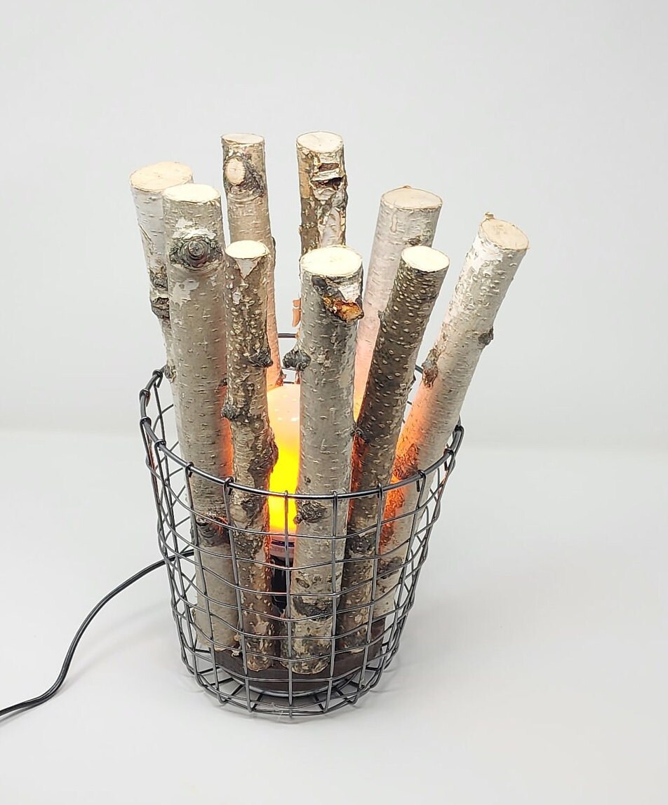 Rustic Log Lamp, Metal Basket Light, Table Accent, Birch Twig, Fire ...