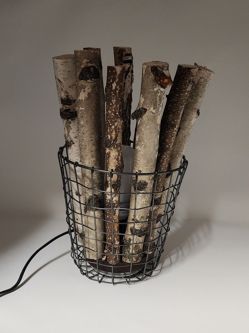 Rustic Log Lamp, Metal Basket Light, Table Accent, Birch Twig, Fire ...