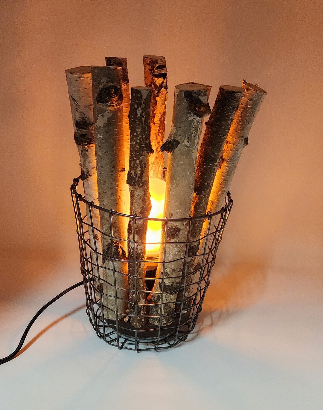 Rustic Log Lamp, Metal Basket Light, Table Accent, Birch Twig, Fire ...