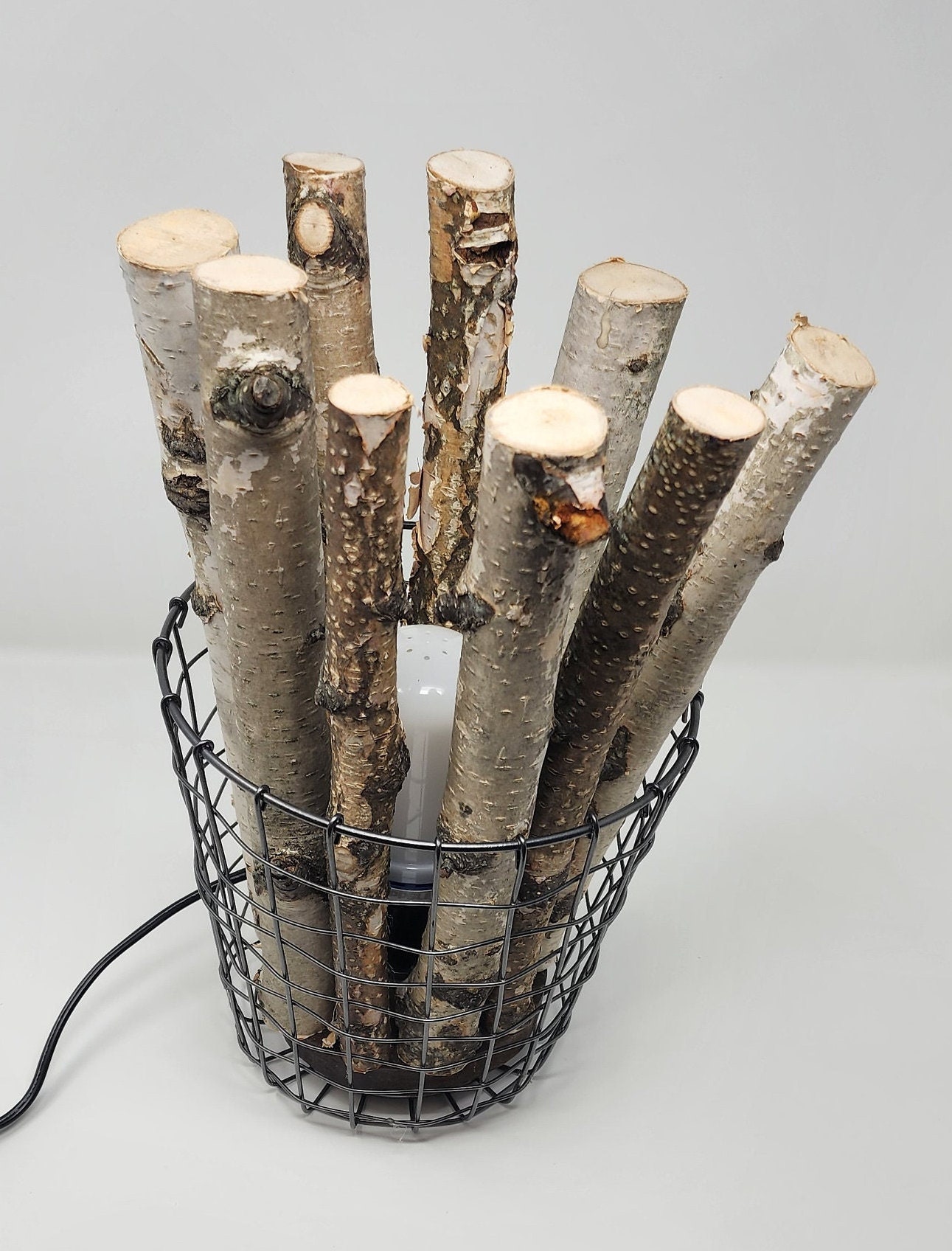 Rustic Log Lamp, Metal Basket Light, Table Accent, Birch Twig, Fire ...
