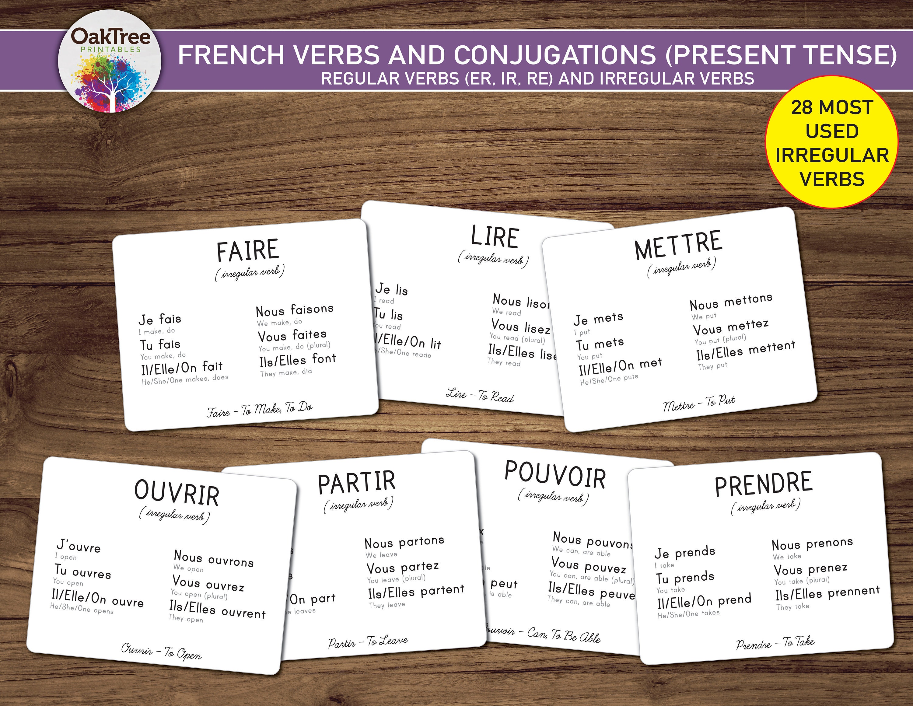 French Verbs and Conjugations, Flash Cards, Present Tense, Regular ...