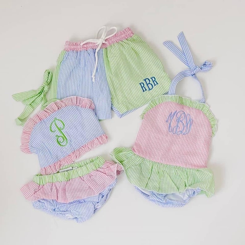 Monogrammed Seersucker Bathing Suit Girl Seersucker Bathing Etsy