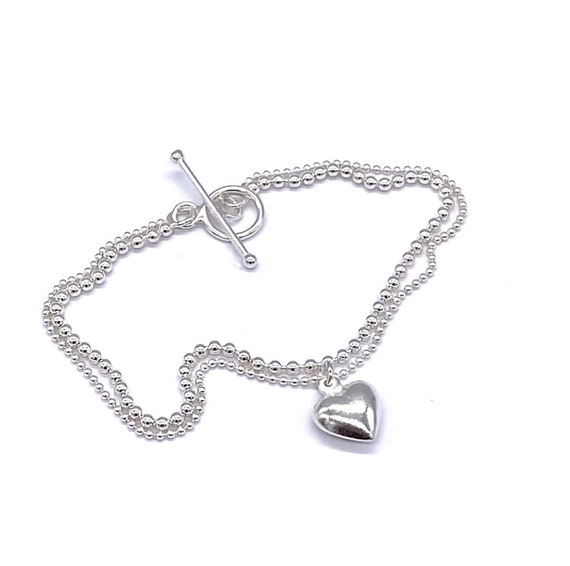 925 Sterling Silver Ball T Bar Bracelet Heart Charm 19 cm 7.5 Long