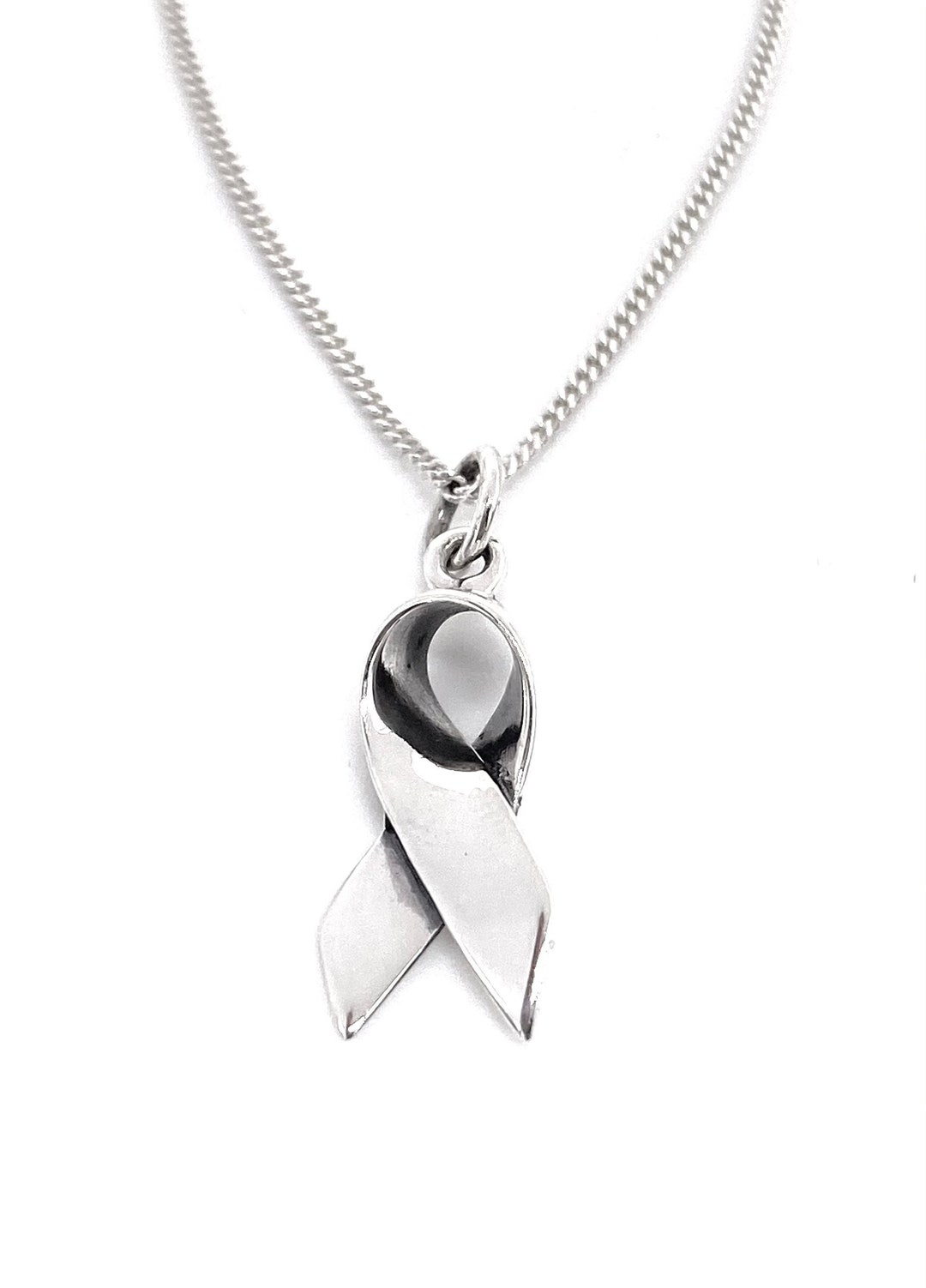 925 Sterling Silver Ribbon Bow Cancer Awareness Pendant Charm on Silver ...