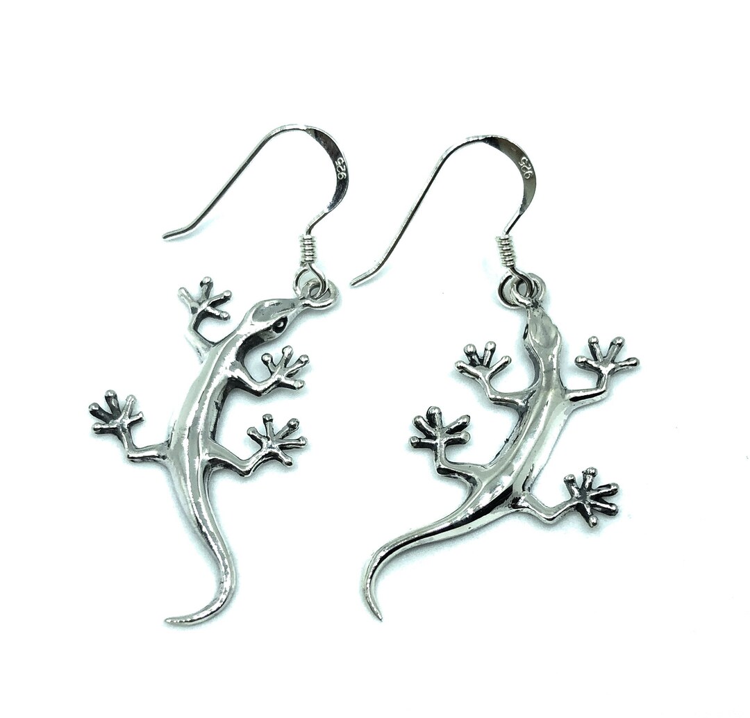 925 Sterling Silver Gecko Lizard Drop Dangle Earrings - Etsy