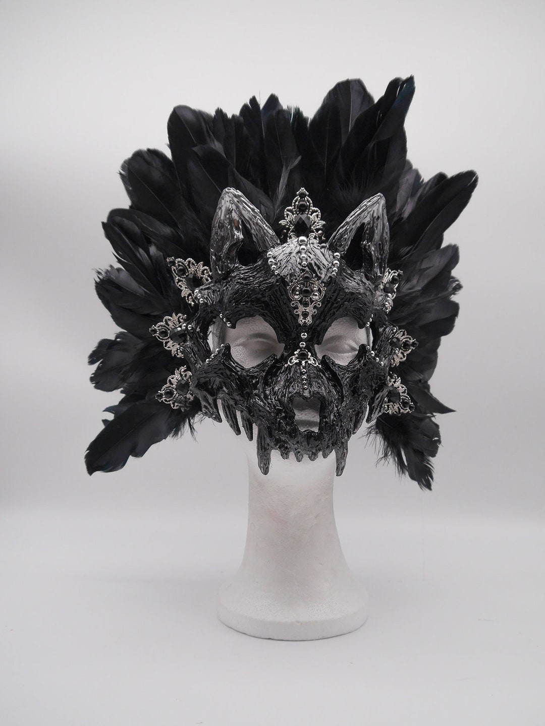 Black Silver Cat Mask Boho Mask Headdress Headpiece Skull Bones Wolves ...