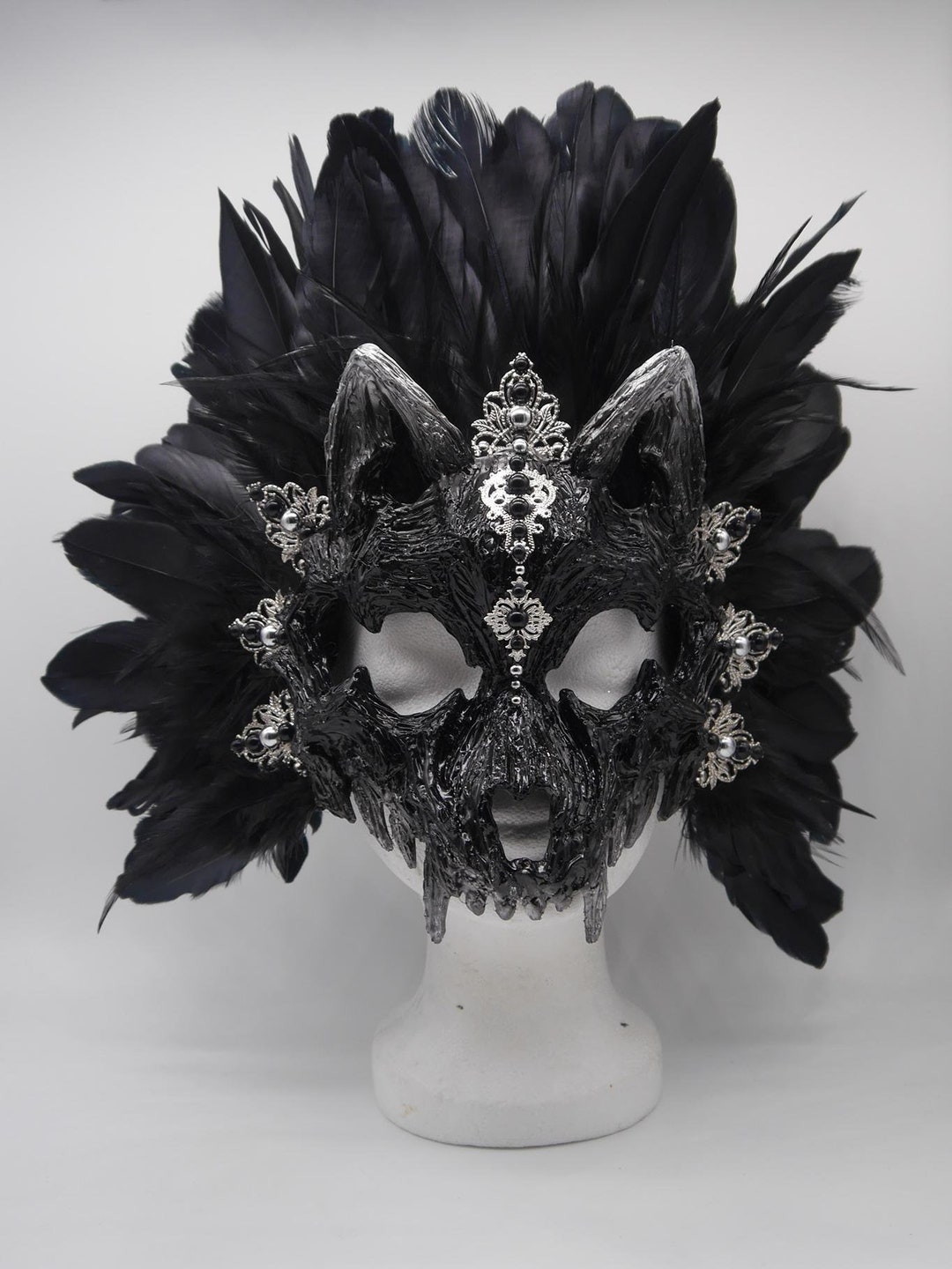 Black Silver Cat Mask Boho Mask Headdress Headpiece Skull Bones Wolves ...