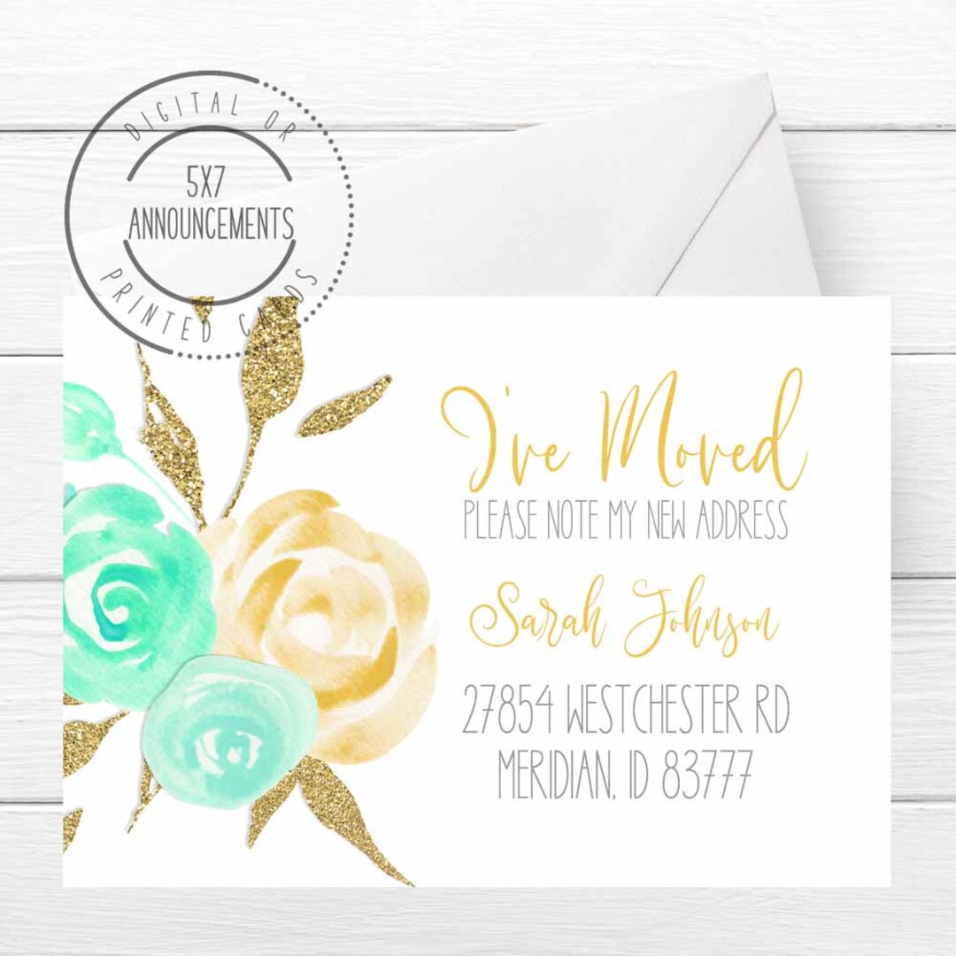 I've Moved Announcement, Mint Gold I Moved Card, Floral Address Change ...