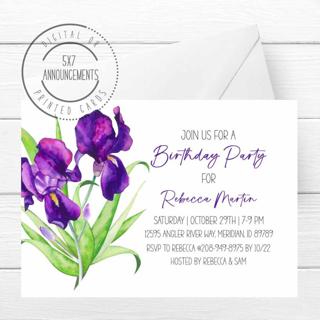 Iris Birthday Party Invitation, Personalized Floral Spring Invite ...