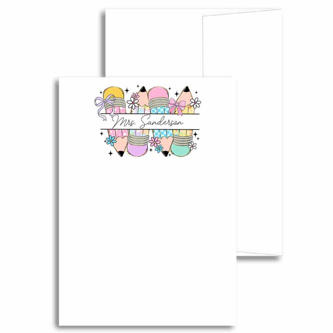 Personalized Teacher Note Card Set, Pastel Girly Teachers Name Gift ...