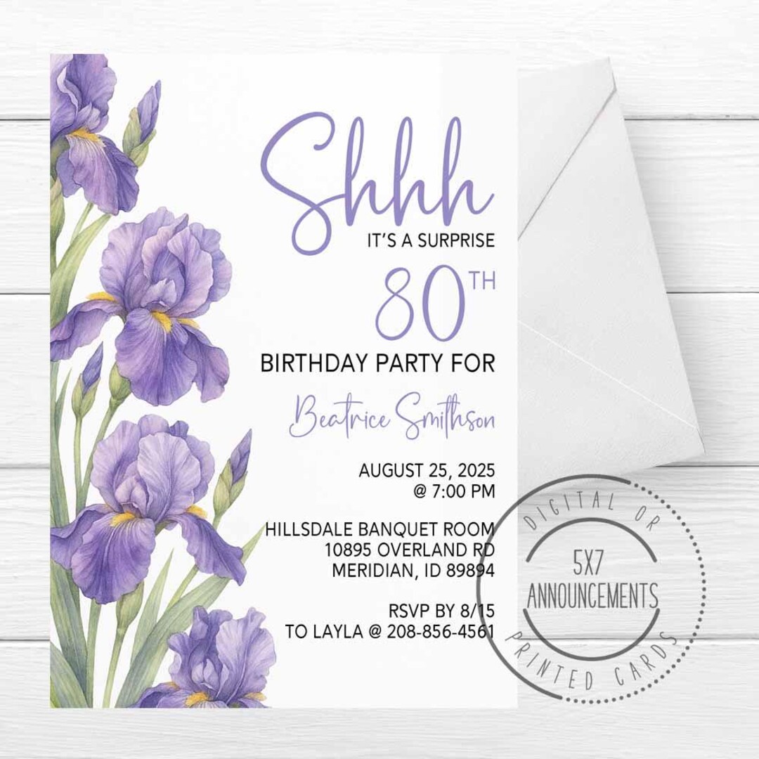 Iris Birthday Invitation, Personalized Floral Party Invite, Watercolor ...