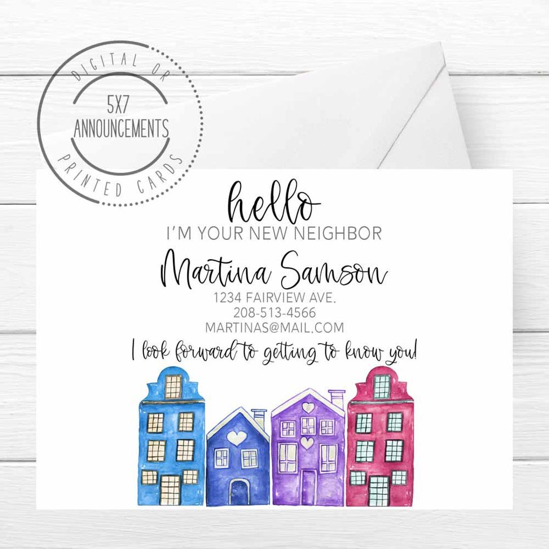Hello I'm Your New Neighbor Announcement Card, Watercolor Personalized ...
