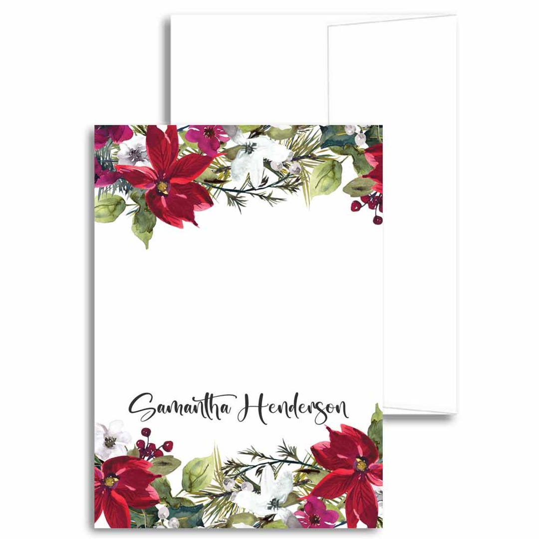 Personalized Holiday Poinsettia Note Card Set, Christmas Greenery ...