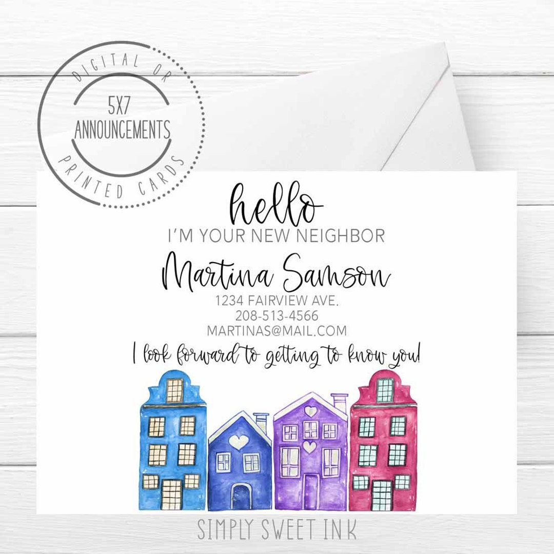 Hello I'm Your New Neighbor Announcement Card, Watercolor Personalized ...