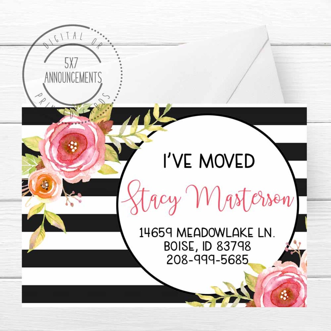 Floral Stripe Moving Announcement, Pink Flowers I've Moved Card, Spring ...