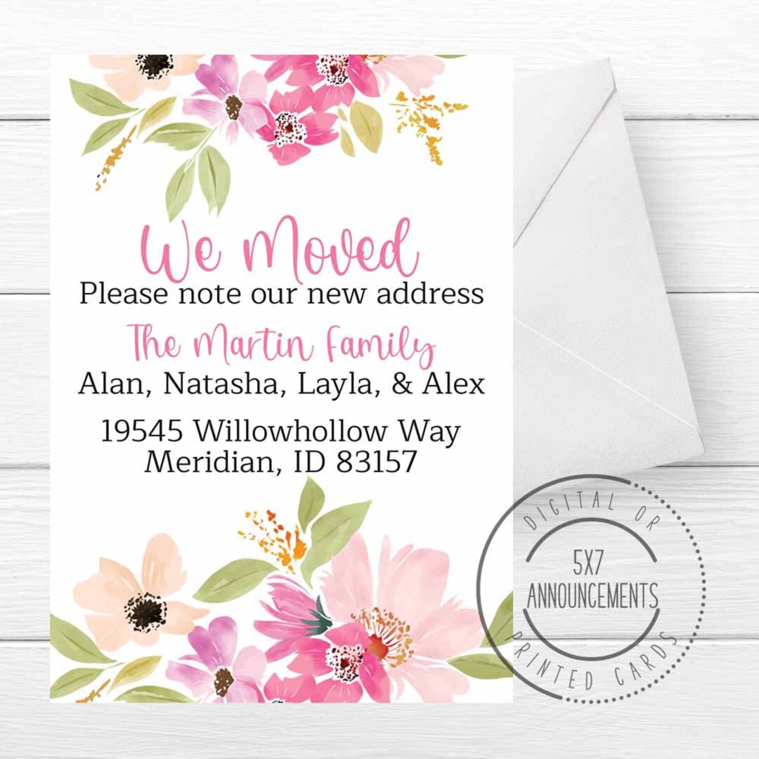 Floral Moving Announcement Card: Pink Watercolor Flowers (digital or ...