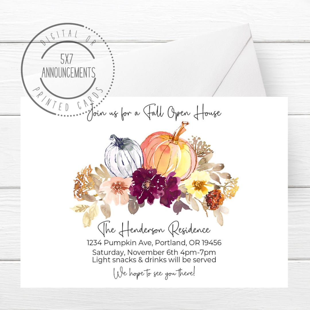 Fall Watercolor Open House Invitation, Fall Floral Pumpkin Personalized ...