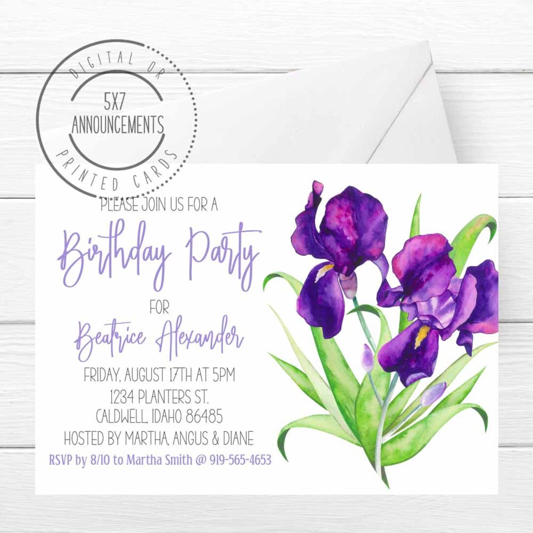 Iris Birthday Invitation, Personalized Floral Party Invite, Spring ...