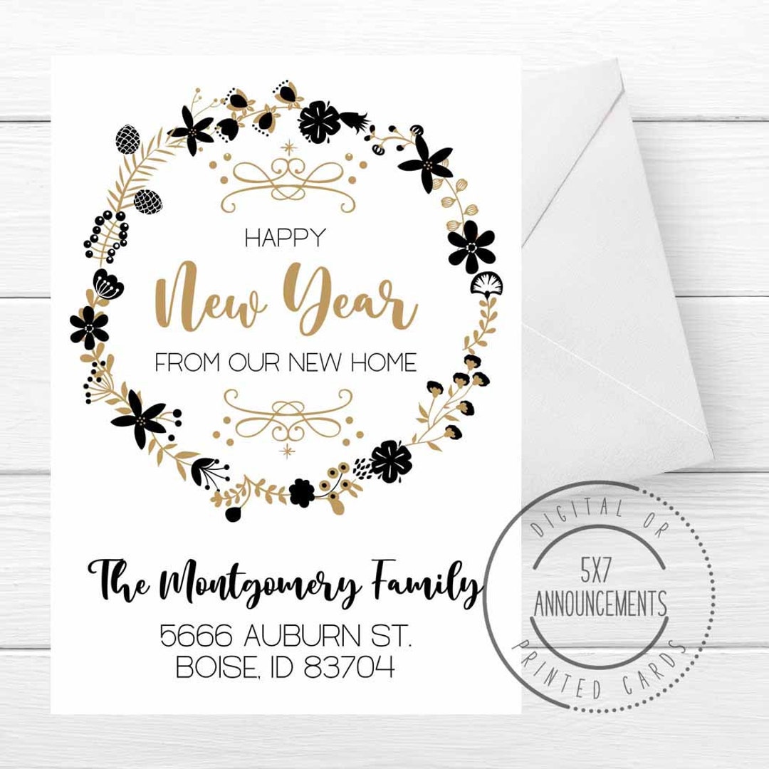 New Year Moving Announcement, Happy New Year Address Change Card, Gold ...