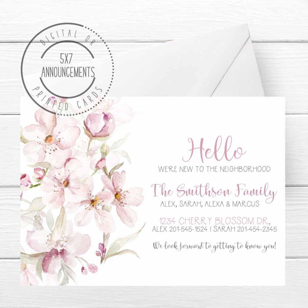 Personalized Meet the Neighbors Card, Flower Cherry Blossom Hello We're ...
