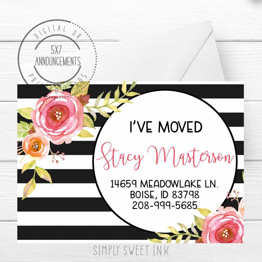 Floral Stripe Moving Announcement, Pink Flowers I've Moved Card, Spring ...