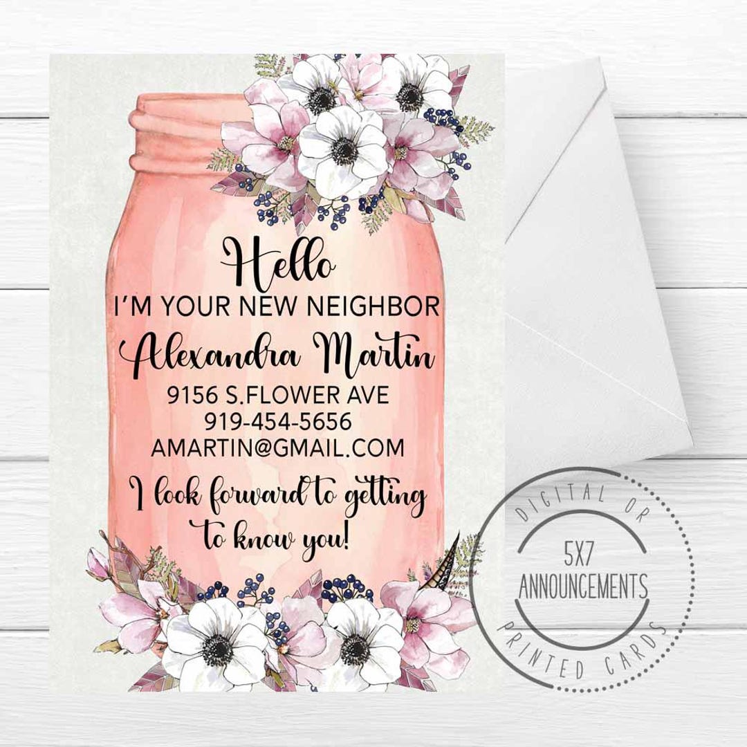 Hello I Am Your New Neighbor Card, Mason Jar Personalized Neighbor ...