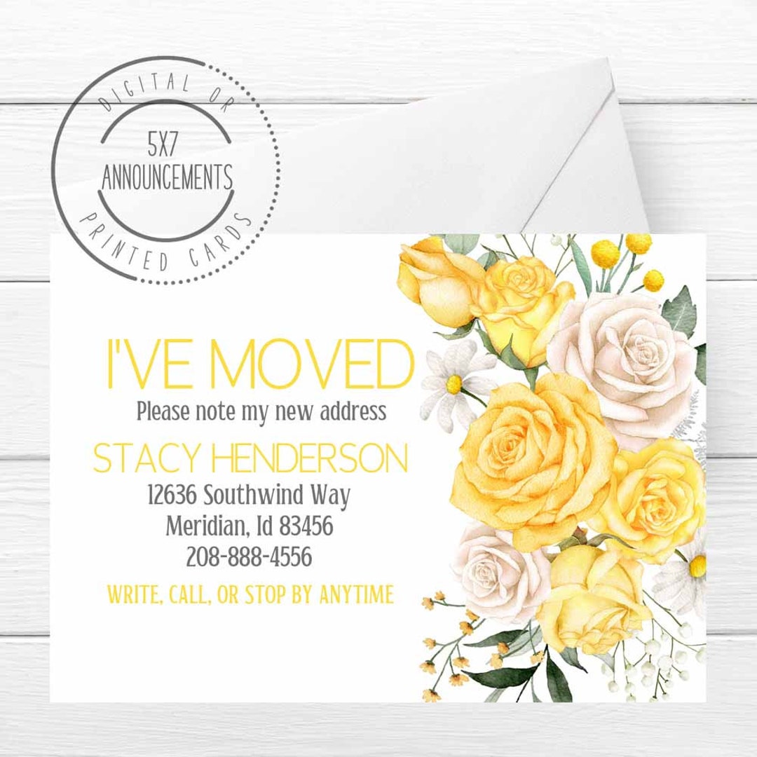 Moving Announcement With Yellow Roses, Floral Spring Moving Card ...