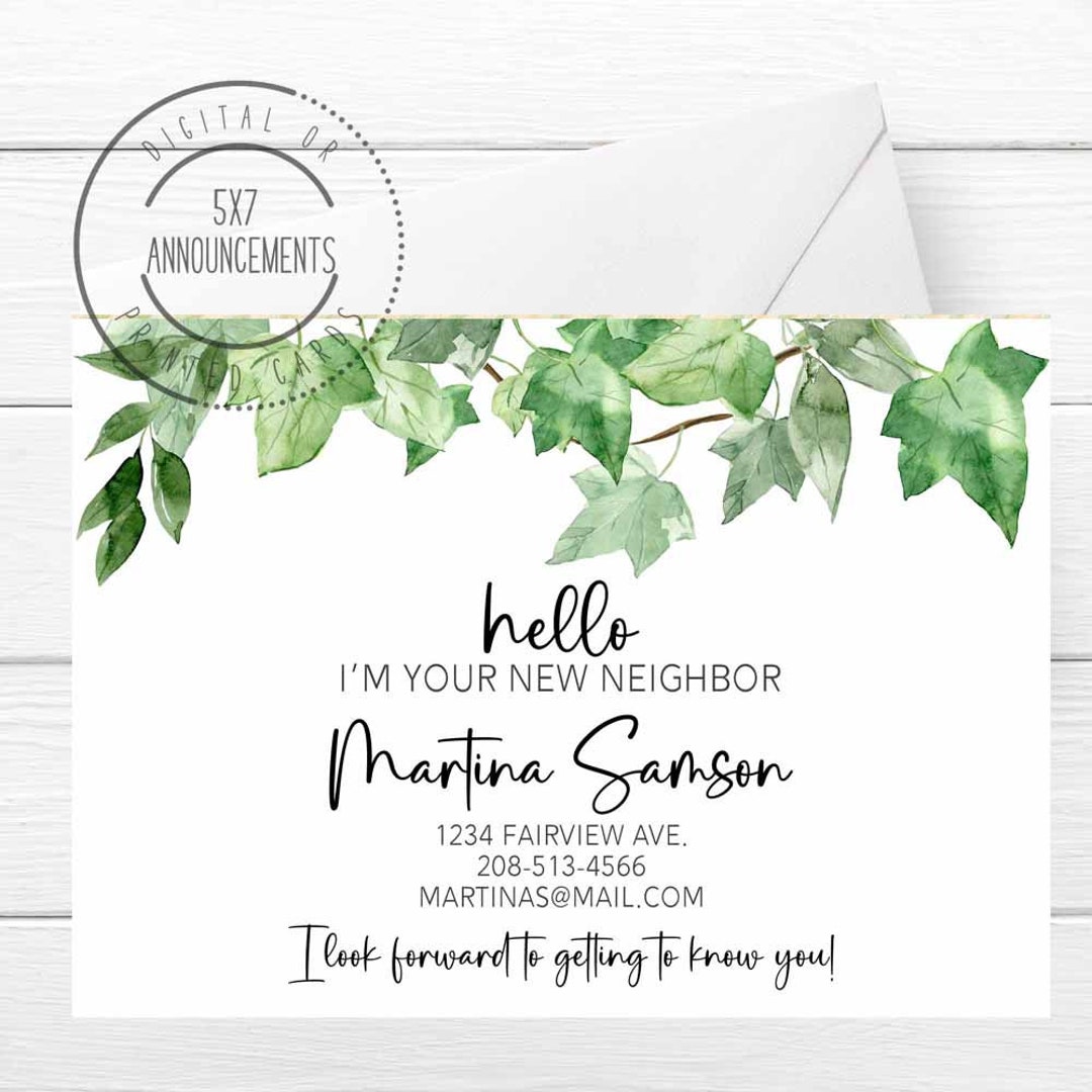 Hello I'm Your New Neighbor Announcement Card, Watercolor Ivy ...