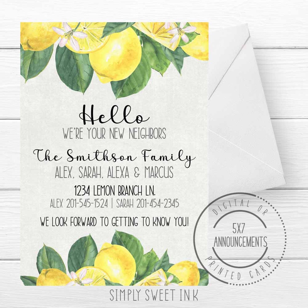 Hello We're Your New Neighbors Card, Lemon Personalized Meet the ...
