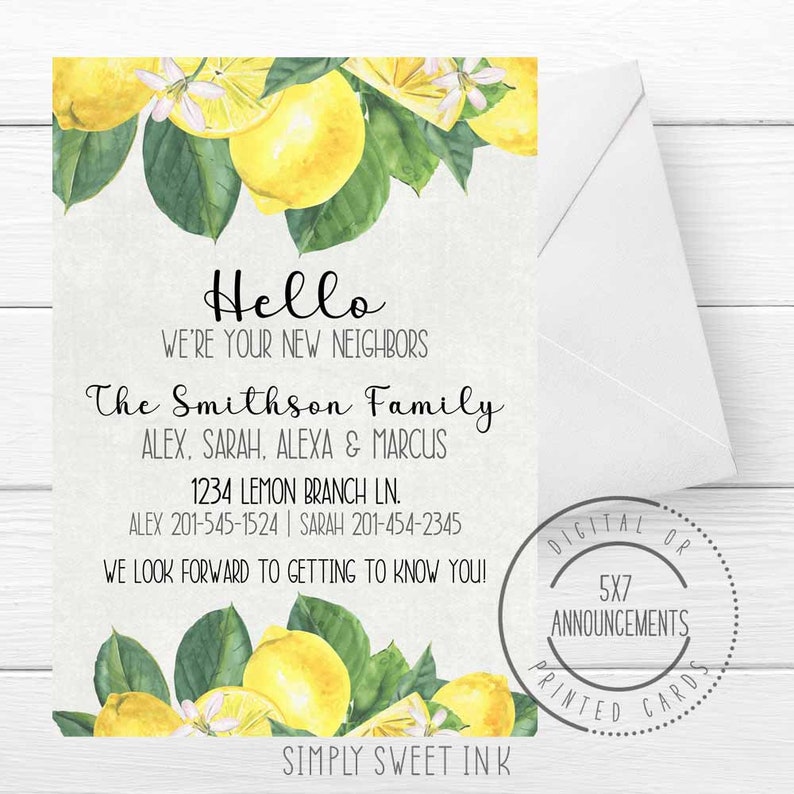 Hello We're Your New Neighbors Card Lemon Personalized - Etsy