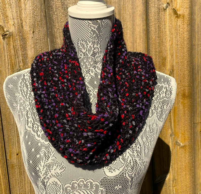 Hand Knit Cowl Black Knit Cowl With Tufts of Grey, Purple and Red ...