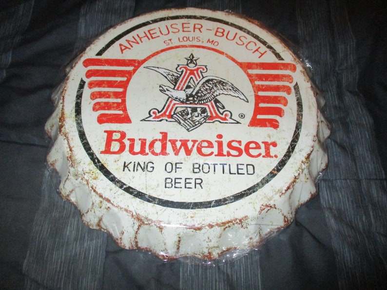Large BUDWEISER BEER 3-dimensional Metal Bottle Cap Wall Sign Decor 16. ...