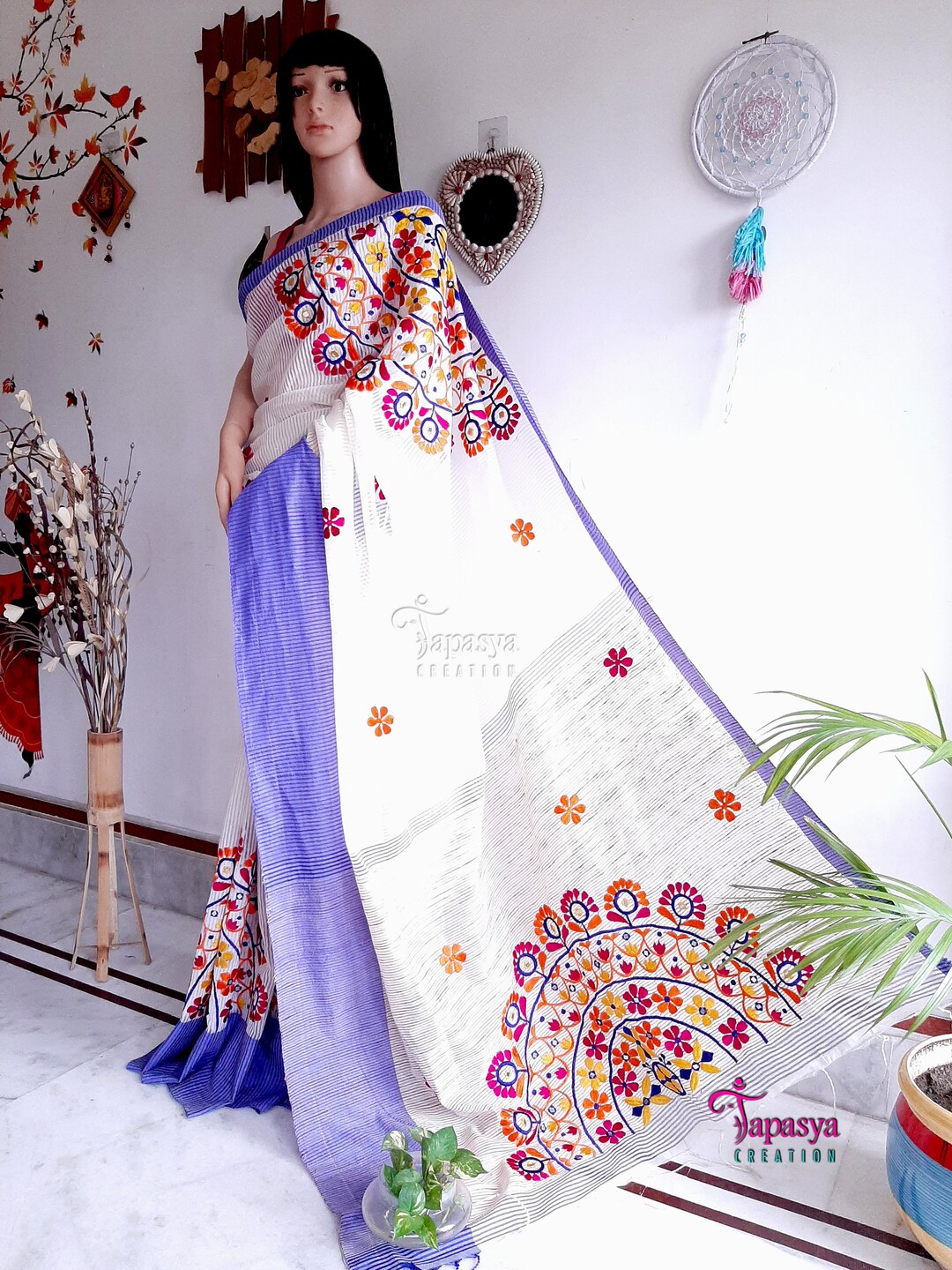 Embroidered Mirror Work on Handloom Noil Mahapaar Saree/ Mirror Work ...