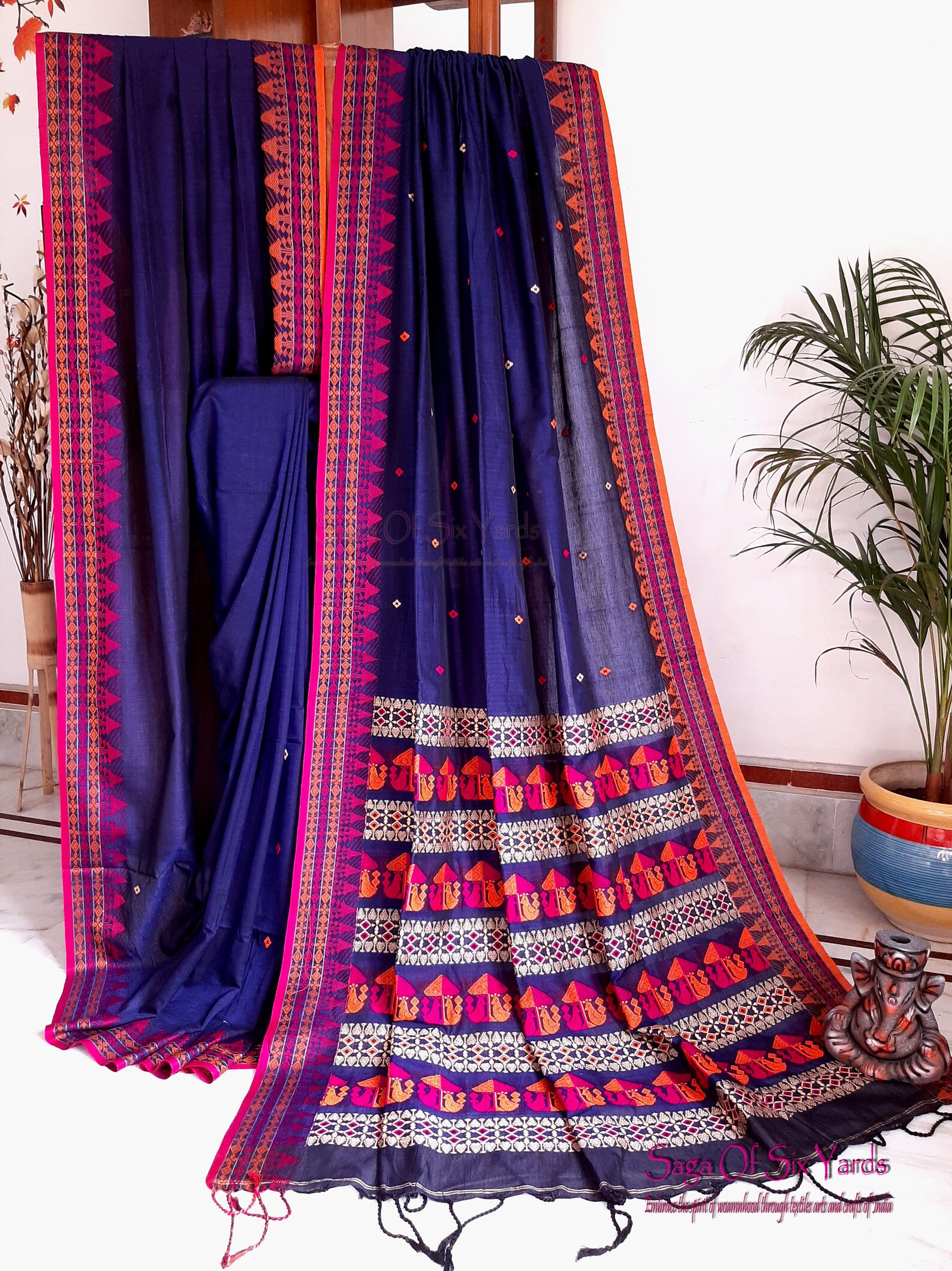 Handwoven Mercerised Cotton Jamdani Saree in Navy Blue Color With ...