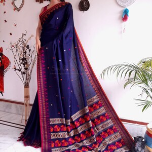 Handwoven Mercerised Cotton Jamdani Saree in Navy Blue Color With ...