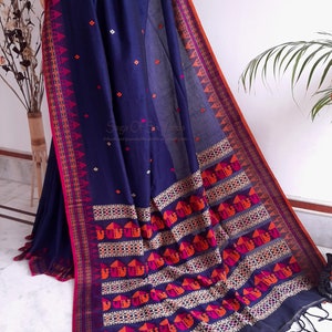 Handwoven Mercerised Cotton Jamdani Saree in Navy Blue Color With ...